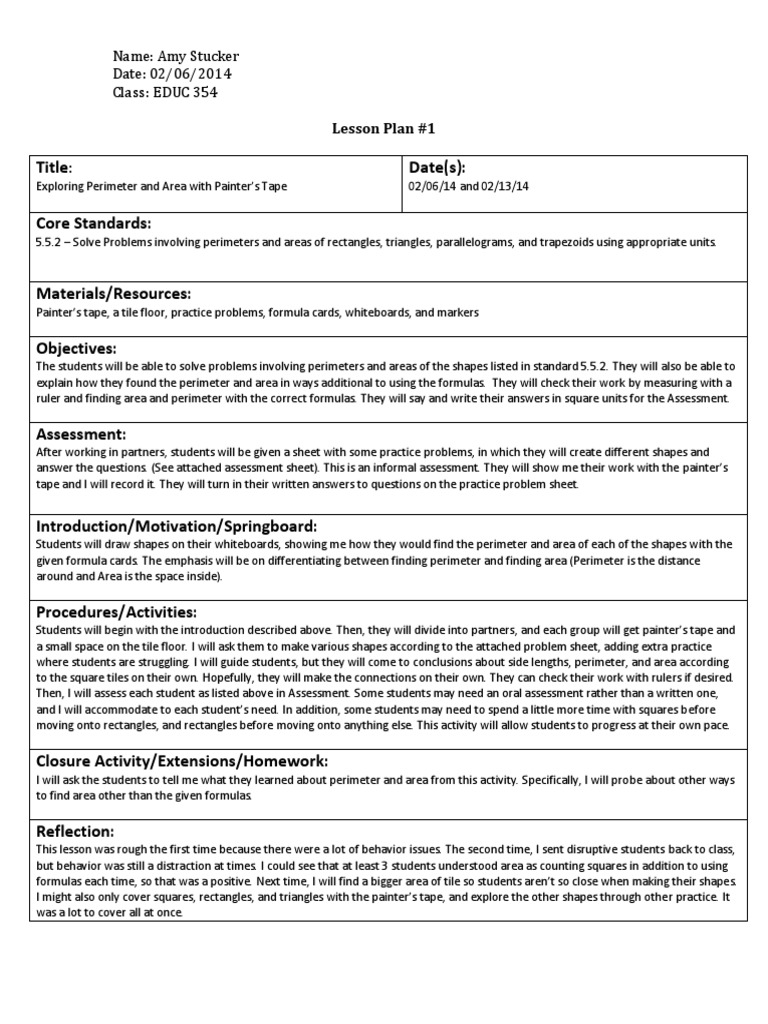 Exploring Perimeter and Area Lesson Plan | PDF | Area | Rectangle