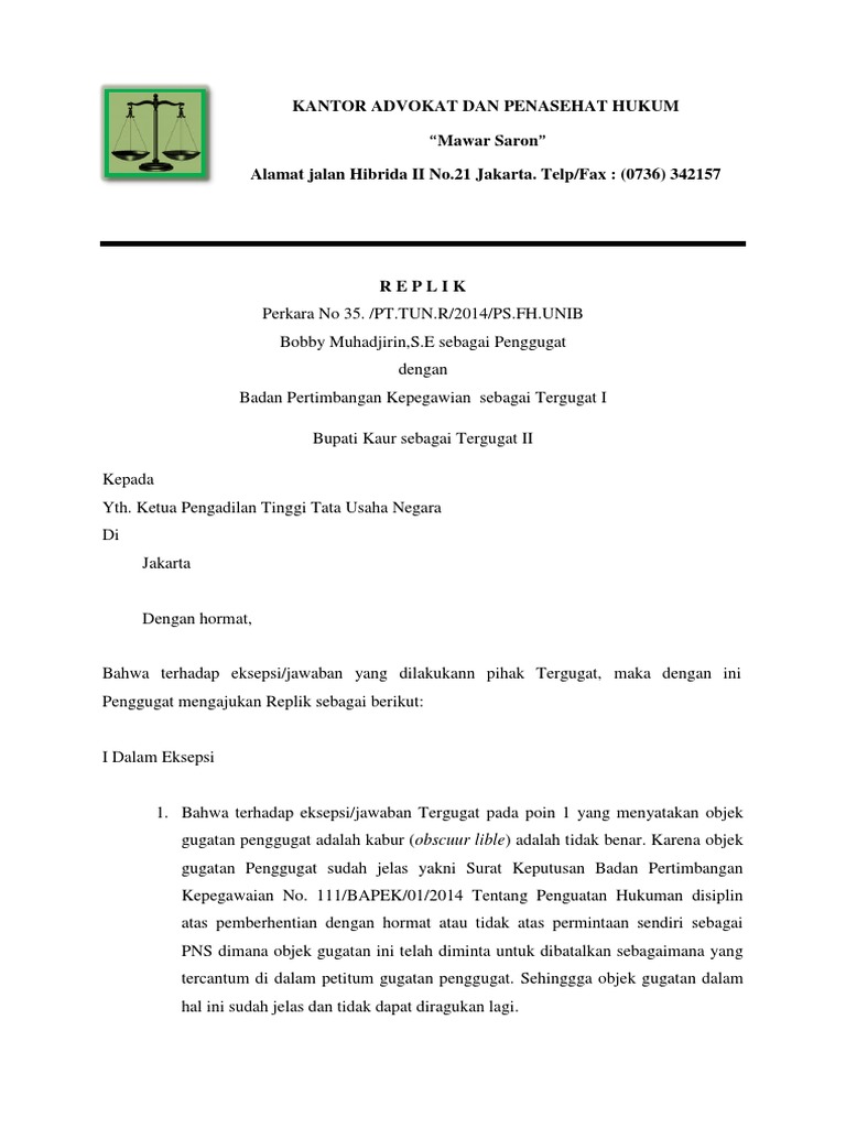 Replik Penggugat dalam Perkara PT TUN 35/2014 | PDF