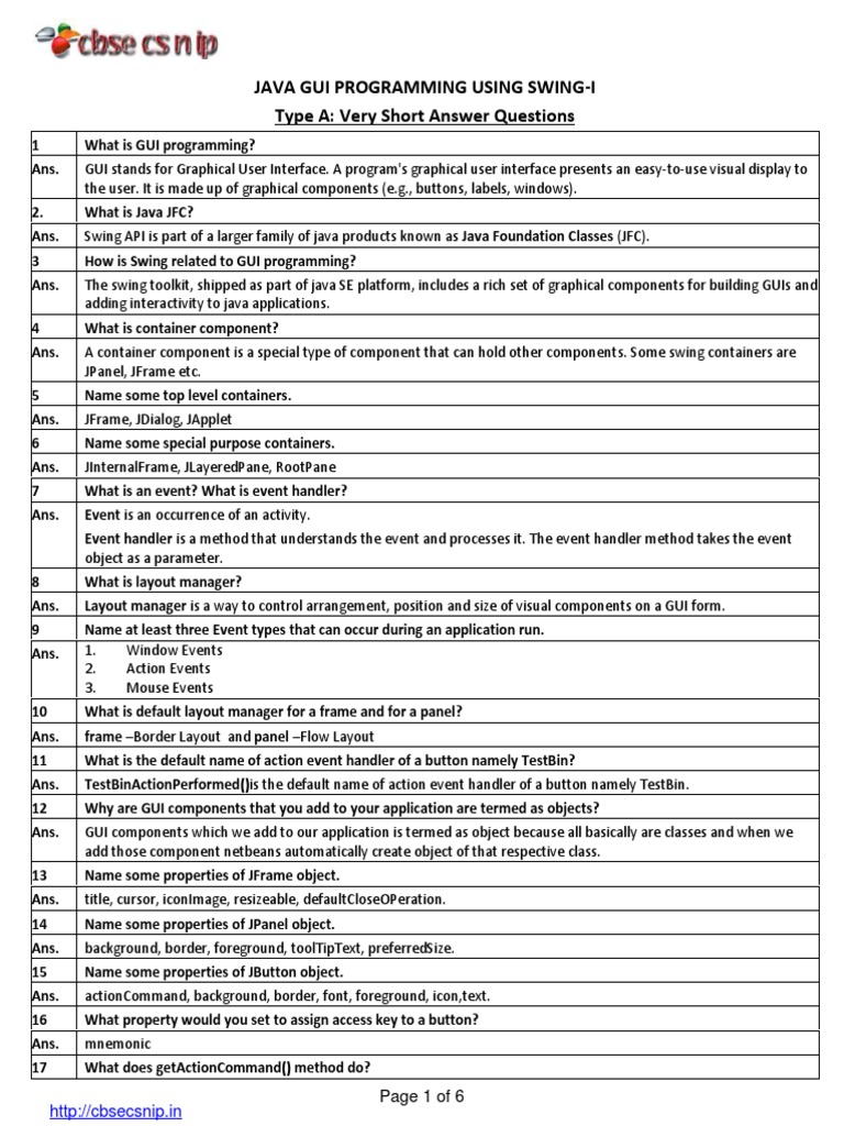 Java Gui Programming Using Swing I Solved Assignment Ip Class 11 Pdf Humancomputer