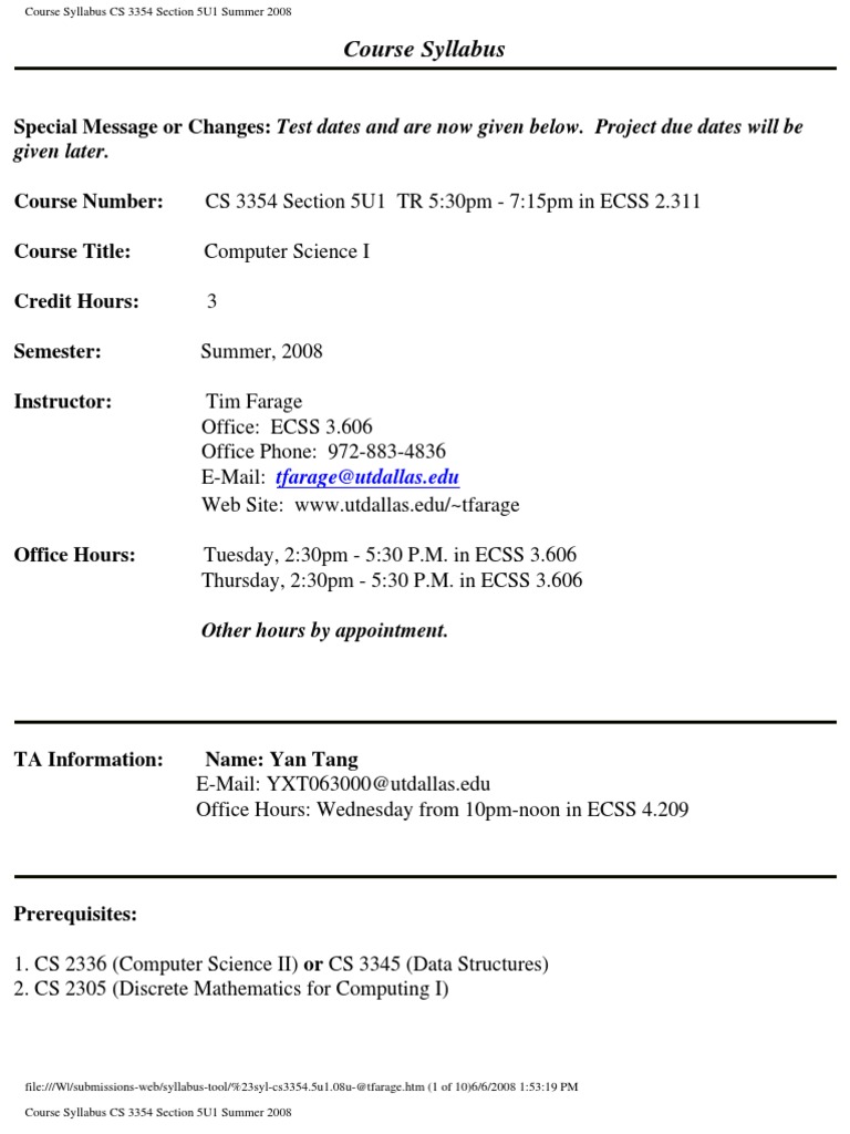 UT Dallas Syllabus For Cs3354.5u1.08u Taught by Timothy Farage (Tfarage ...