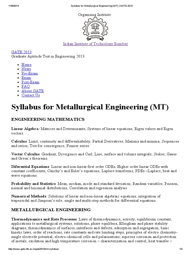 Syllabus For Metallurgical Engineering (MT) - GATE 2013 | PDF | Metallurgy | Dislocation