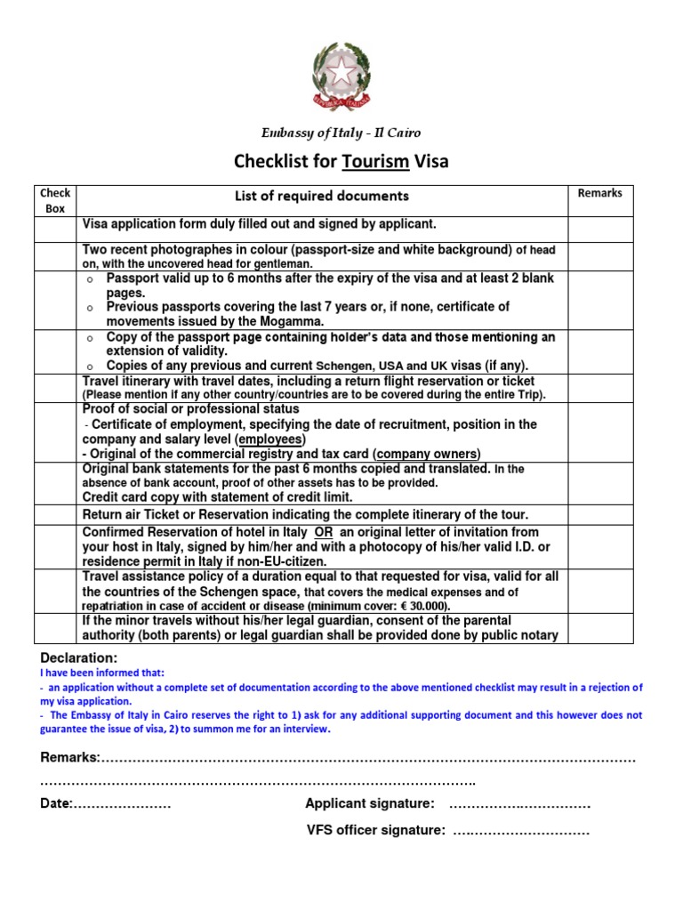 Italy Visa Application Checklist | PDF