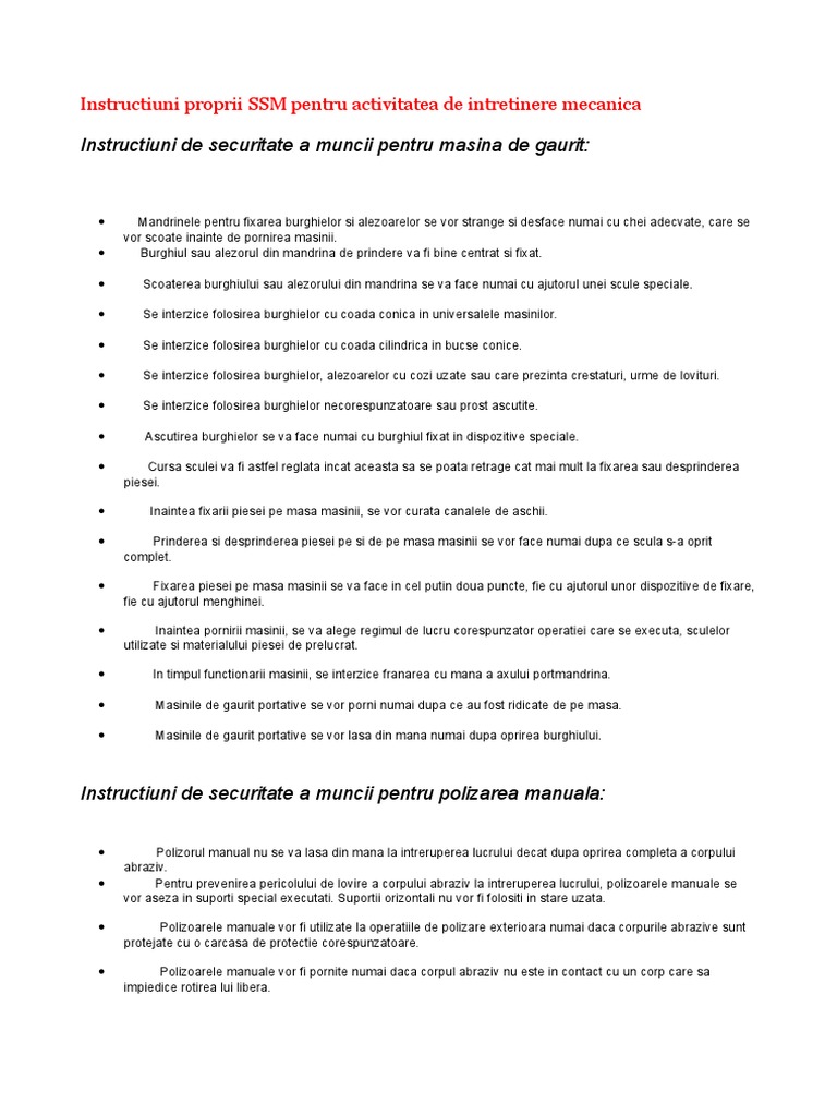 Instructiuni Proprii SSM | PDF
