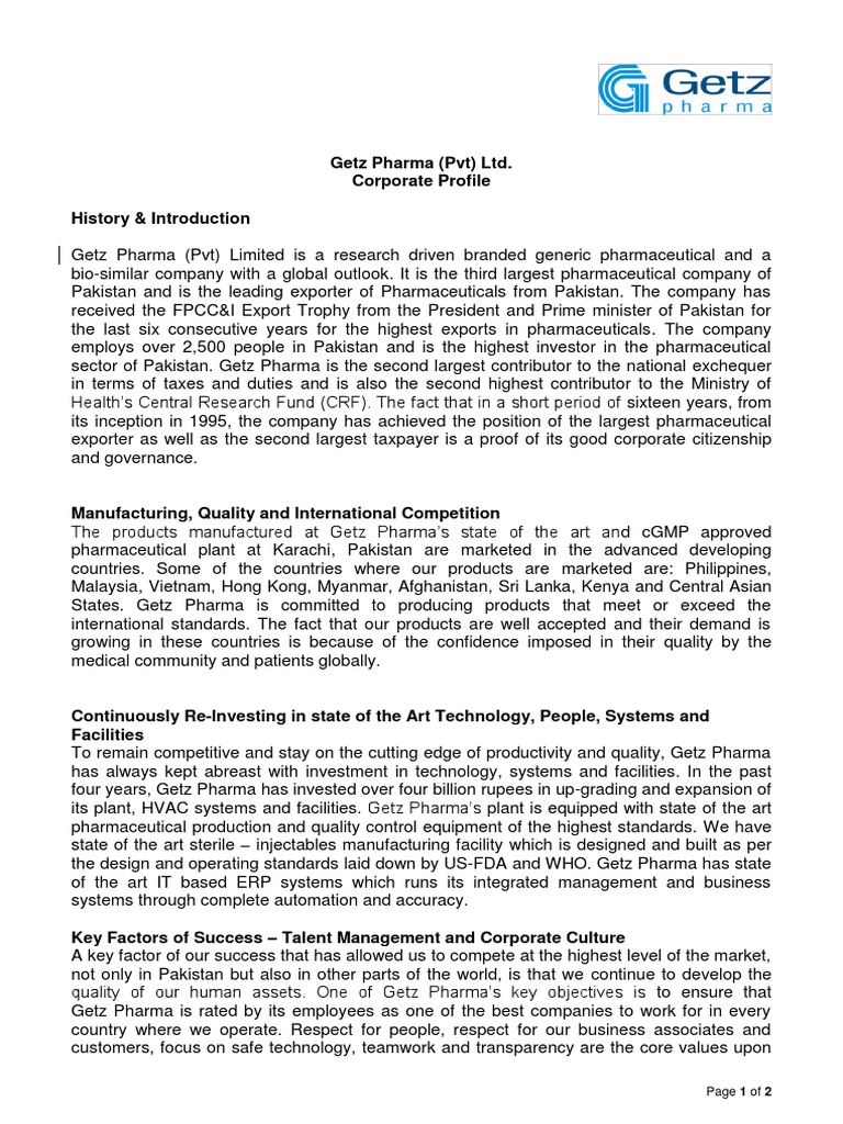 Getz Pharma Corporate Profile | Pakistan | Pharmaceutical Industry