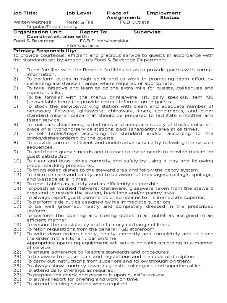 Waiter/Waitress Job Description | PDF | Waiting Staff | Food And Drink
