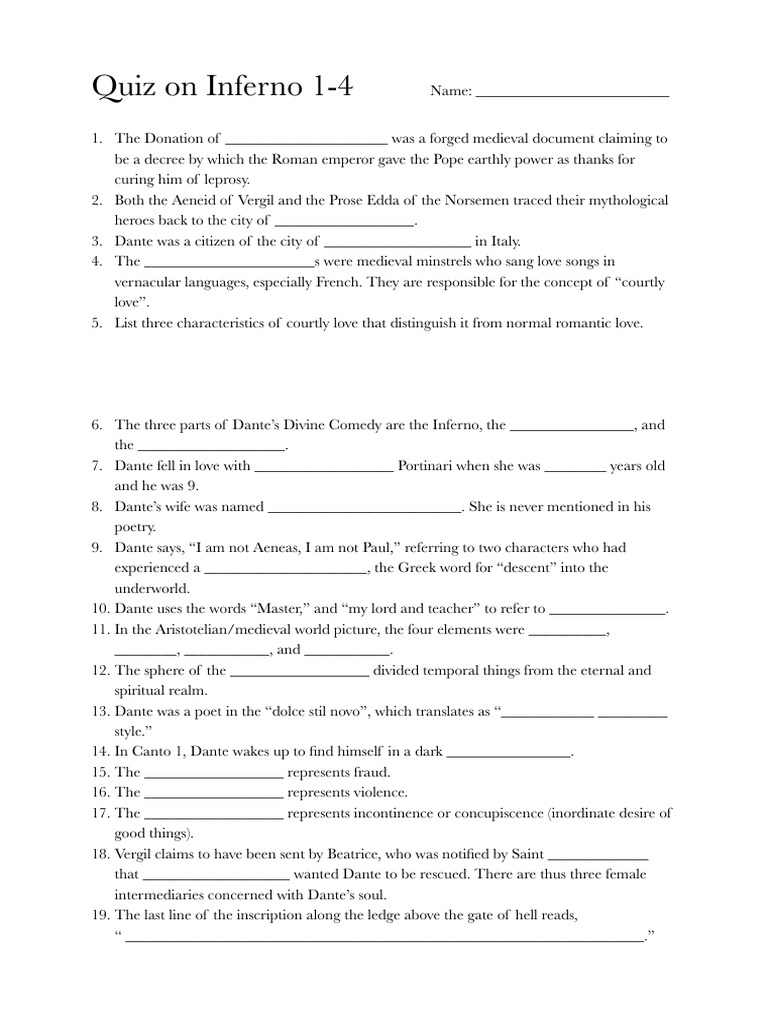 Quiz On Dante 1-4 | PDF | Dante Alighieri | Divine Comedy
