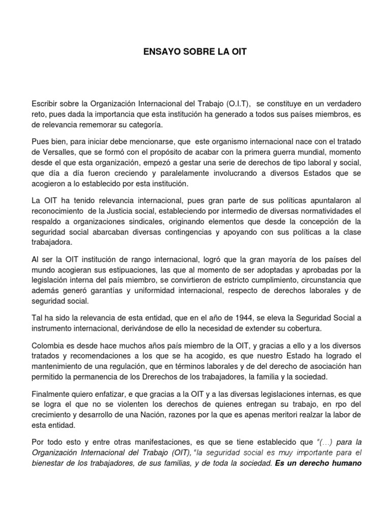 Ensayo Sobre La Oit | Organización Internacional del Trabajo | Derecho ...