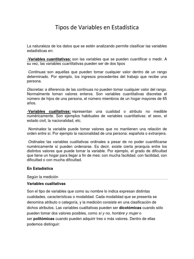 Tipos de Variables en Estadistica | PDF | Estadísticas | Medición