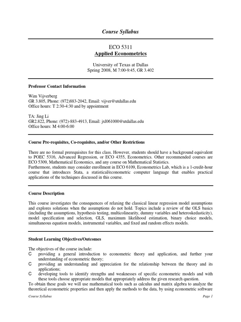 UT Dallas Syllabus For Eco5311.501.08s Taught by Wim Vijverberg (Vijver) | PDF | Econometrics ...