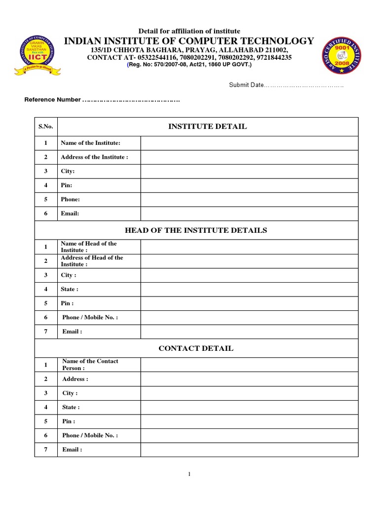 Institute Affiliation Details Form | PDF