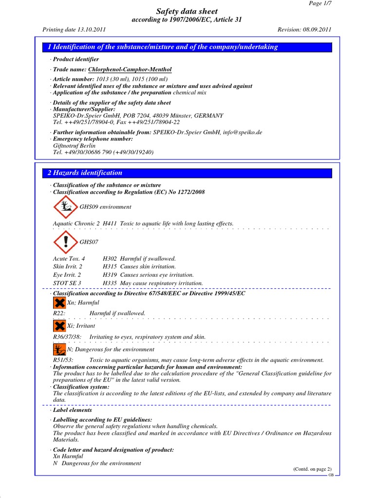 Chlorphenol-Camphor-Menthol Safety Data | PDF | Dangerous Goods | Toxicity
