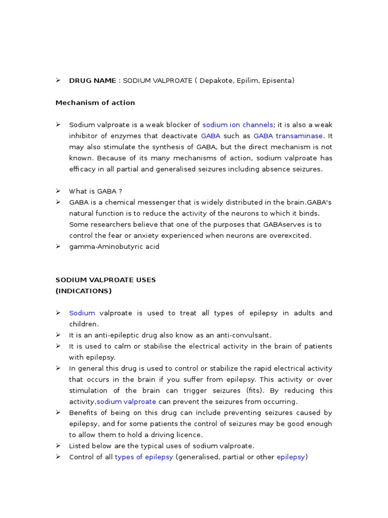 DRUG SODIUM VALPROATE ( Depakote, Epilim, Episenta) | Dose ...