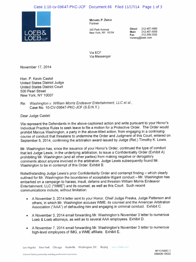 Washington v. William Morris Endeavor Entertainment et al. (10 Civ ...