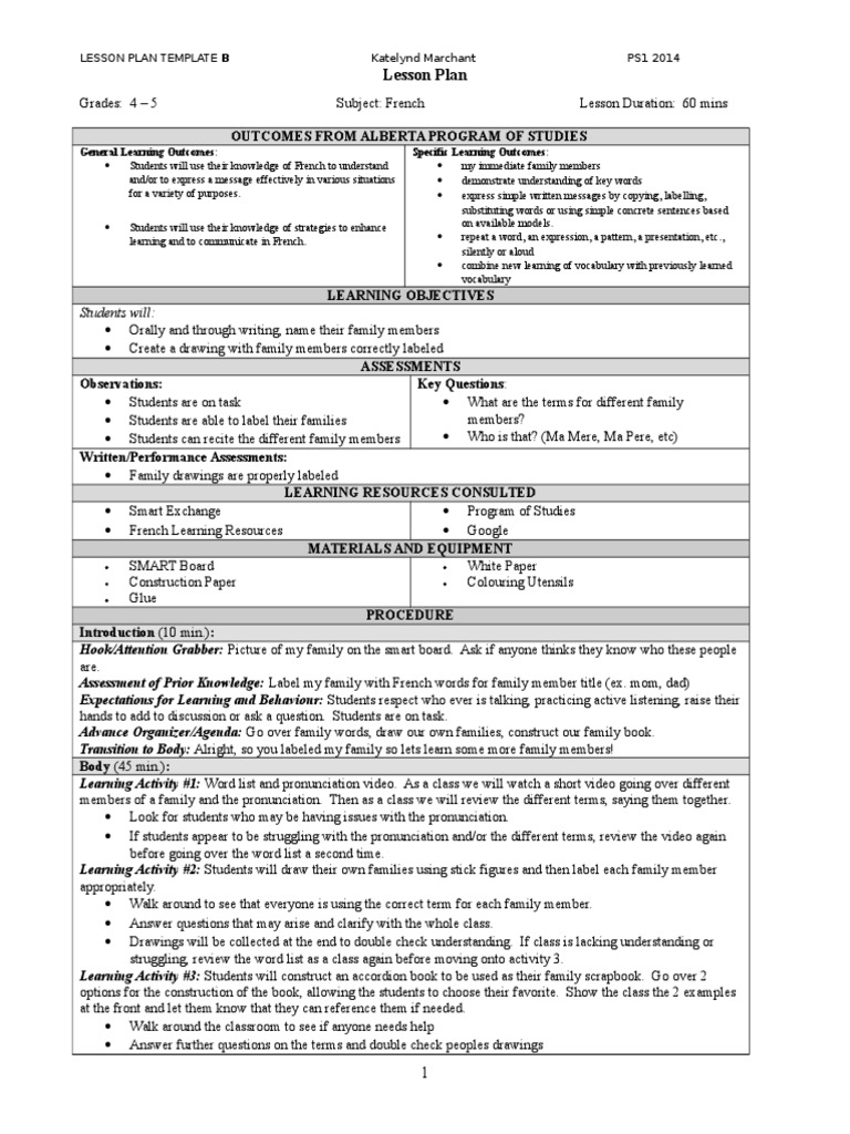 French Family Lesson for Grades 4-5 | PDF | Lesson Plan | Educational ...