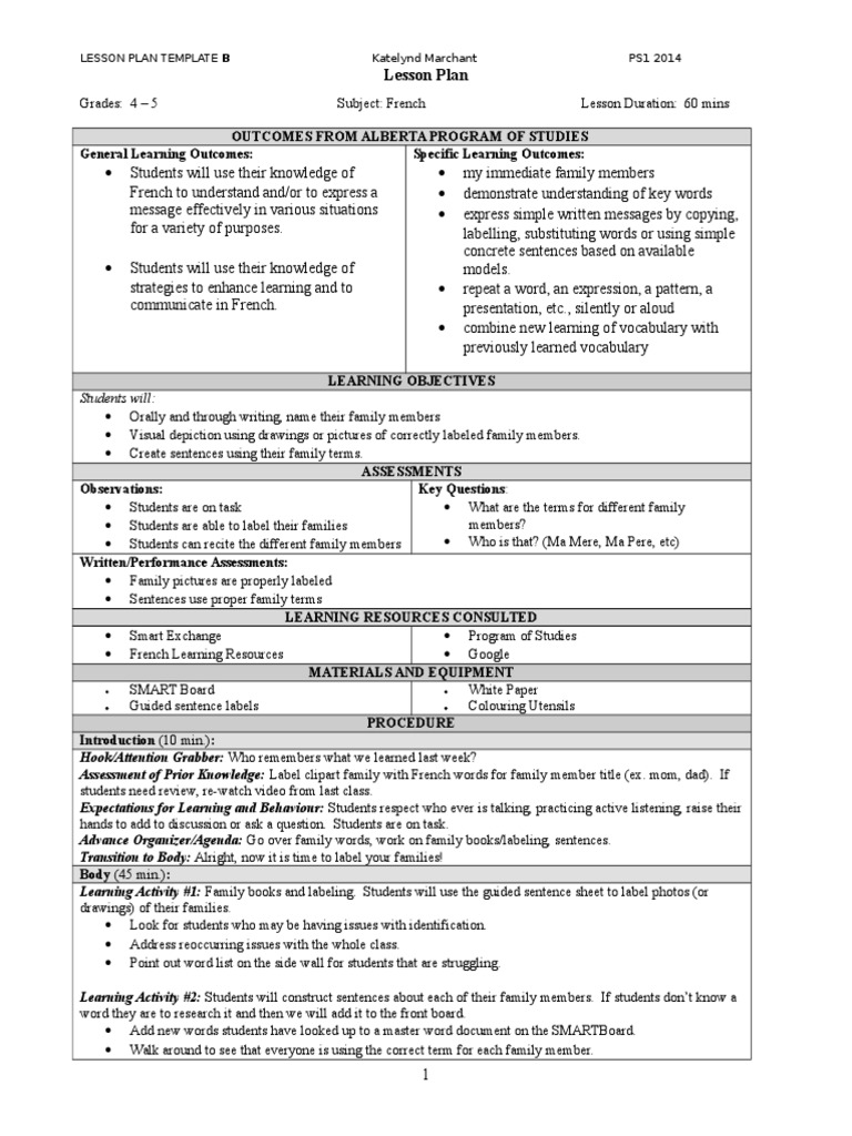 French Lesson Plan for Family Vocabulary | PDF | Lesson Plan ...