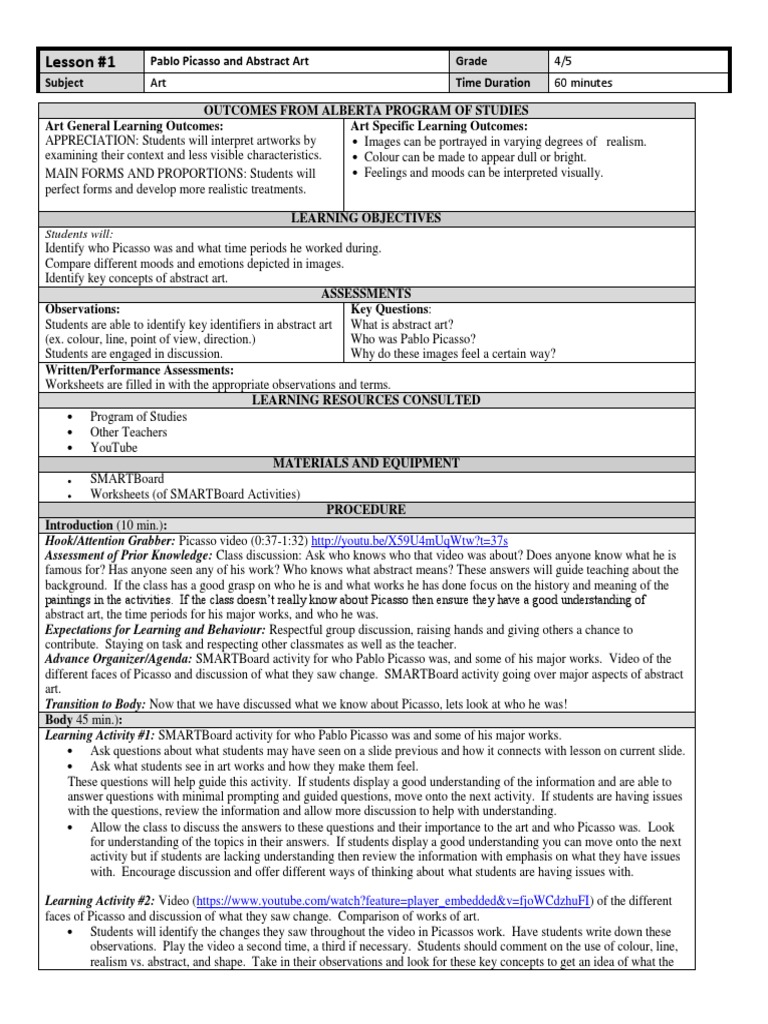 Picasso Lesson Plan 1 W Reflection | PDF | Understanding | Lesson Plan