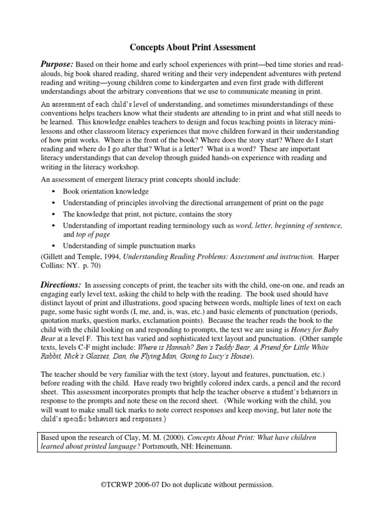 Concepts About Print Directions | PDF | Reading (Process) | Literacy