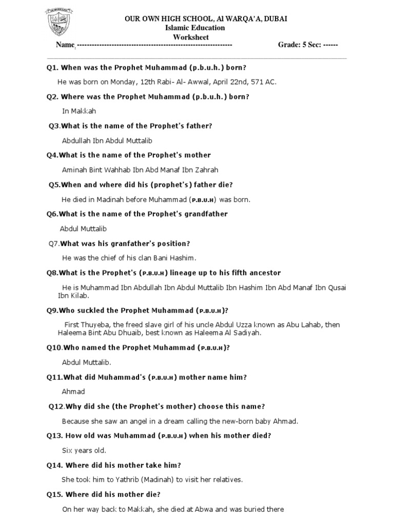 Prophet Muhammad: Early Life Worksheet | PDF
