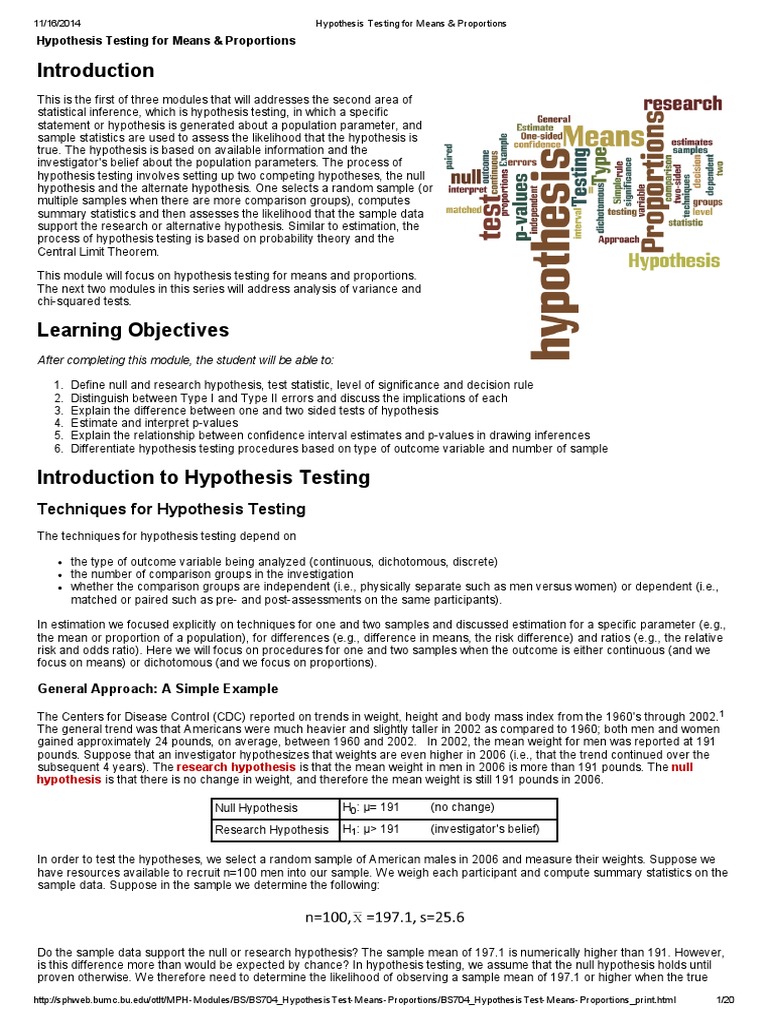 Hypothesis Testing for Means & Proportions Explained | PDF ...