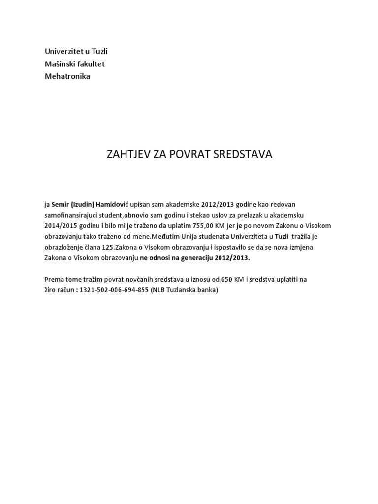 Zahtjev Za Povrat Sredstava | PDF