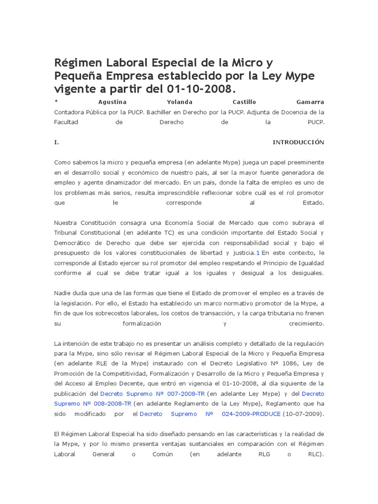 Régimen Laboral Especial de La Micro y Pequeña Empresa Establecido Por La Ley Mype Vigente A ...