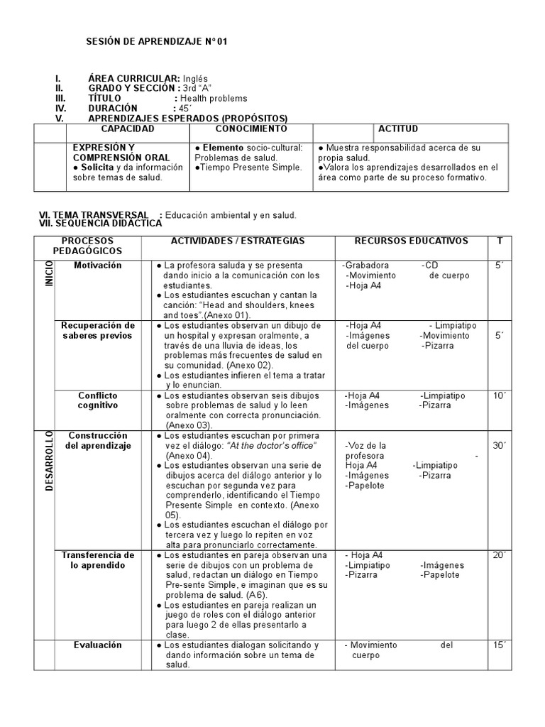 Sesion de Aprendizaje en Ingles | Aprendizaje | Enseñando