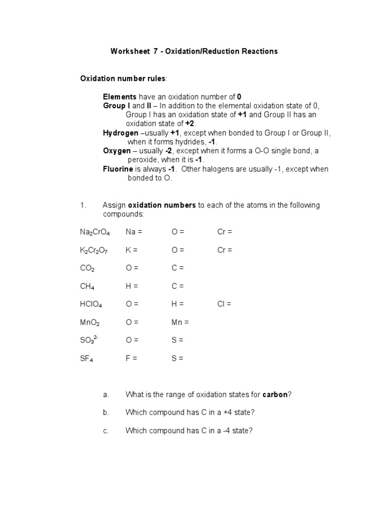 Worksheet Oxidation Reduction | PDF | Redox | Chemical Reactions