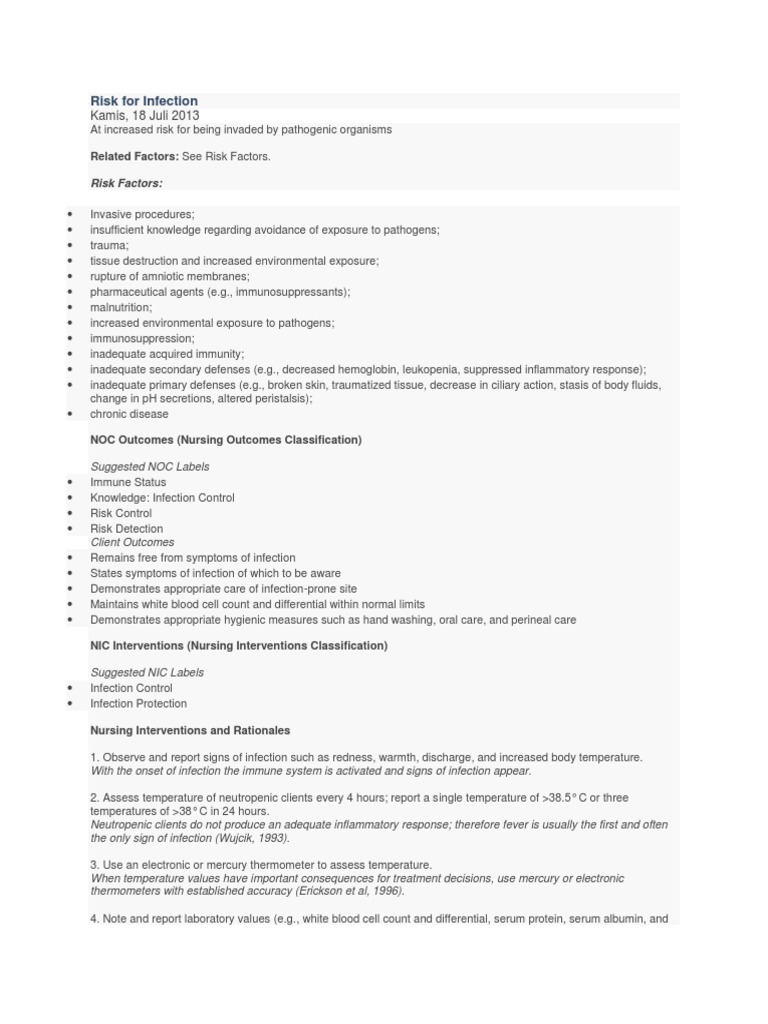 Risk For Infection | PDF | Infection | Pneumonia