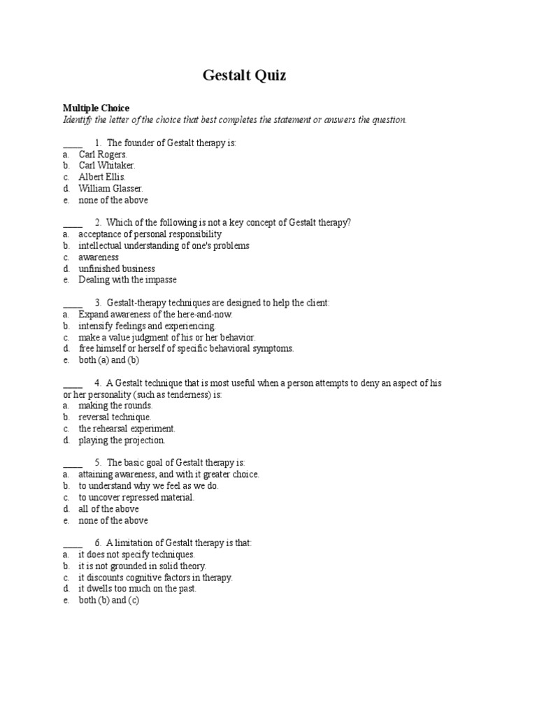 Gestalt Therapy Quiz and Key Concepts | PDF | Gestalt Therapy ...