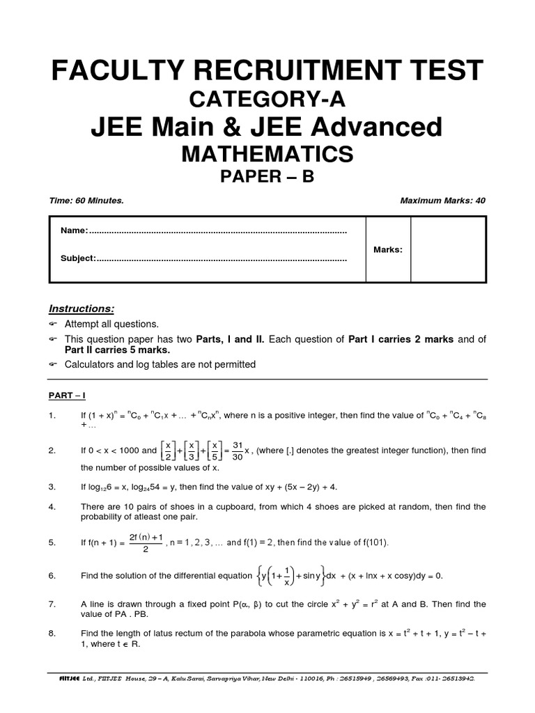 JEE Advanced Mathematics Test Paper | PDF