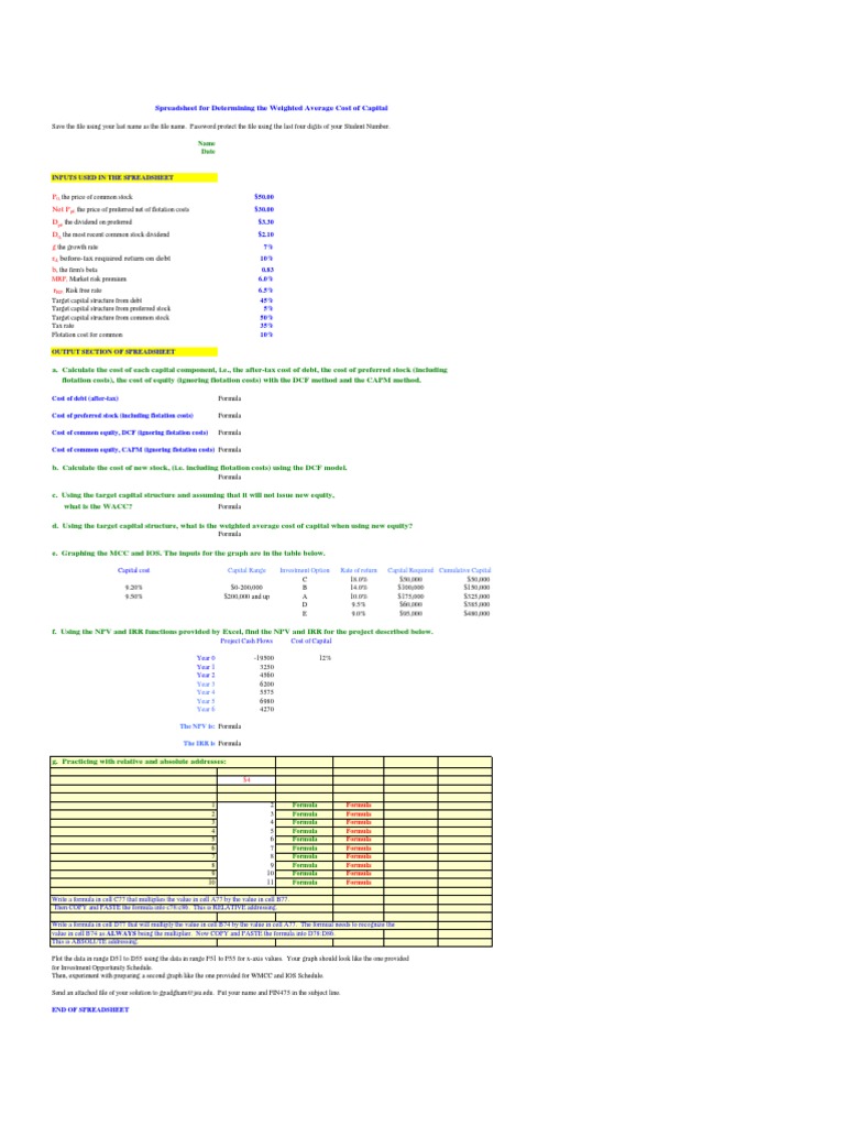 WACC Spreadsheet Template2010 | Internal Rate Of Return | Cost Of Capital