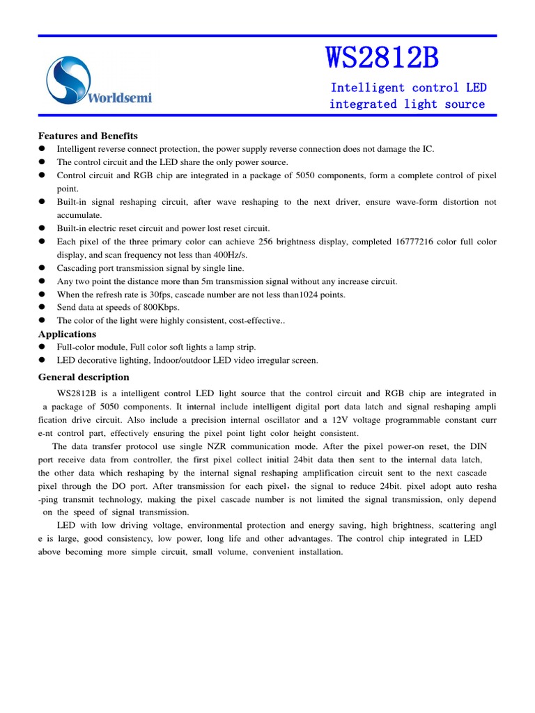 WS2812B Datasheet LED | PDF | Electronic Circuits | Light Emitting Diode