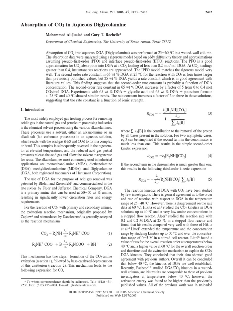 Absorption of CO2 in Aqueous Diglycolamine | PDF | Chemical Equilibrium ...