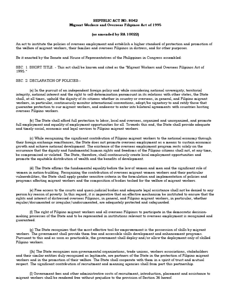 RA 8042 As Amended by RA 10022 | PDF | Migrant Worker | Employment