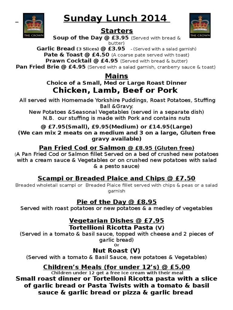 Sunday Lunch Menu January 2014 | PDF | Salad | Cuisine