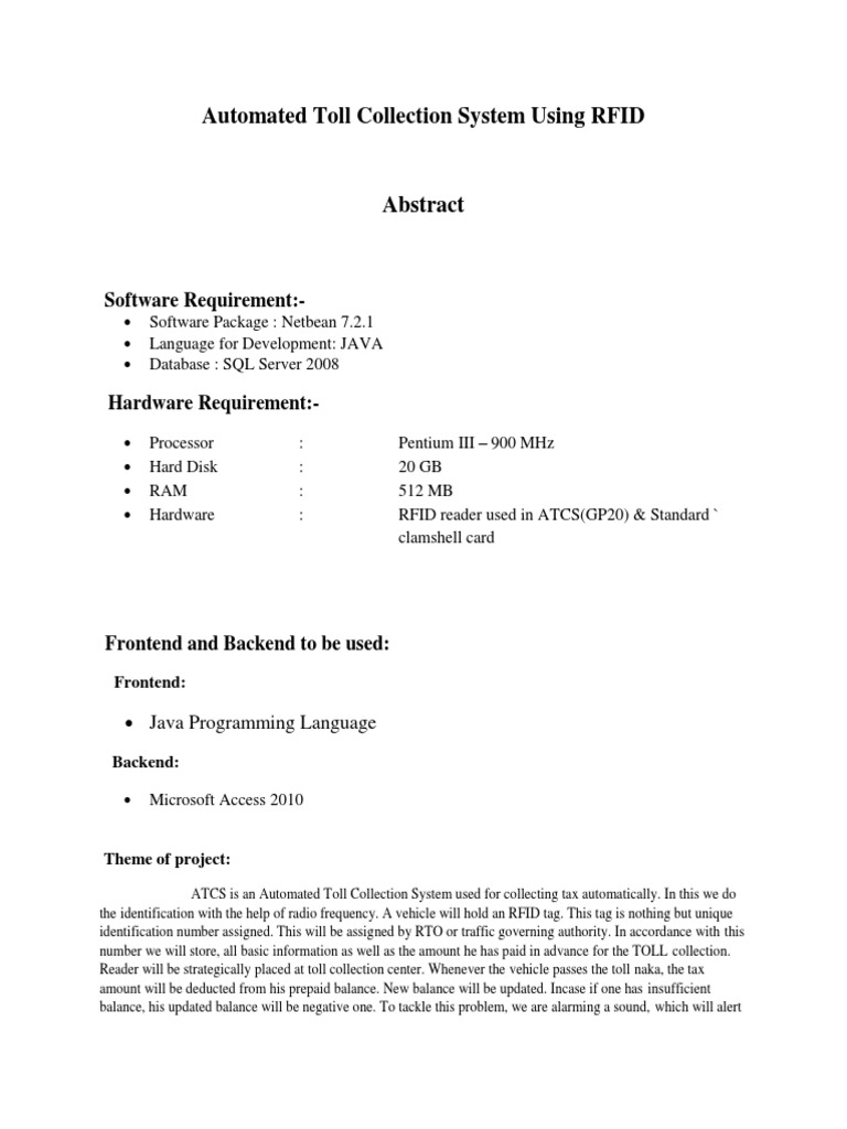 Automated Toll Collection System Using RFID: Software Requirement | PDF ...