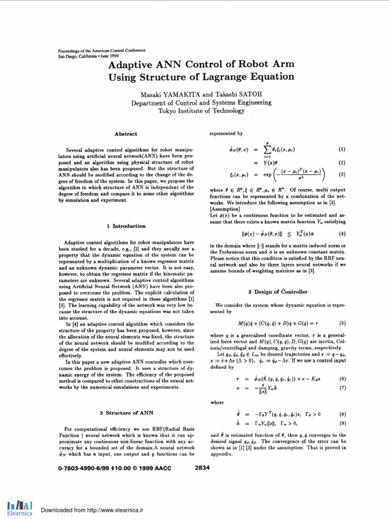 (Elearnica - Ir) - Adaptive ANN Control of Robot Arm Using Structure of Lagrange Equation | PDF ...