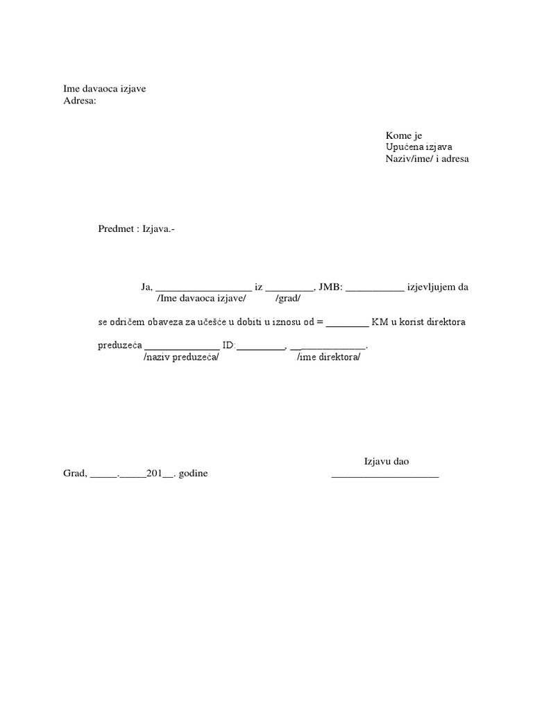 Izjava primjer