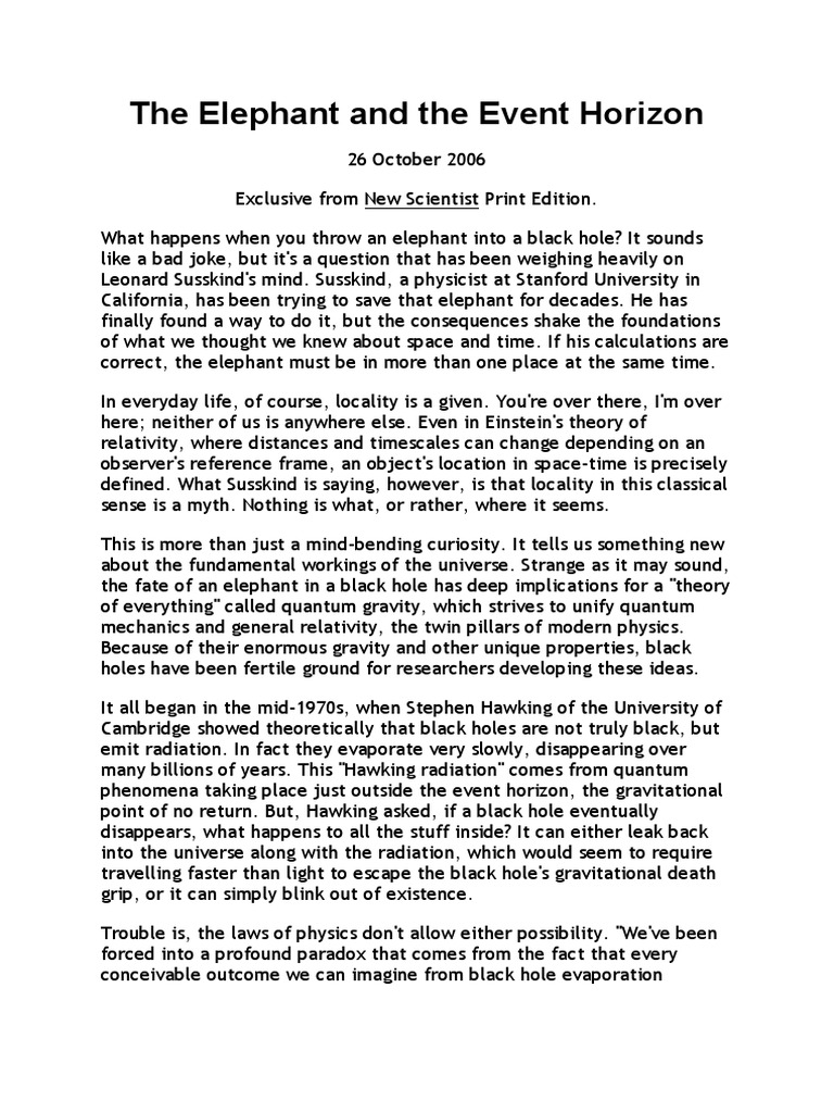 Elephant Paradox and Black Holes Explained | PDF | Hawking Radiation ...