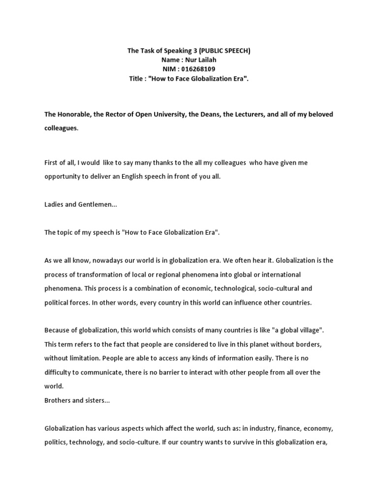 The Task of Speaking 3 (PUBLIC SPEECH) Name: Nur Lailah NIM: 016268109 ...