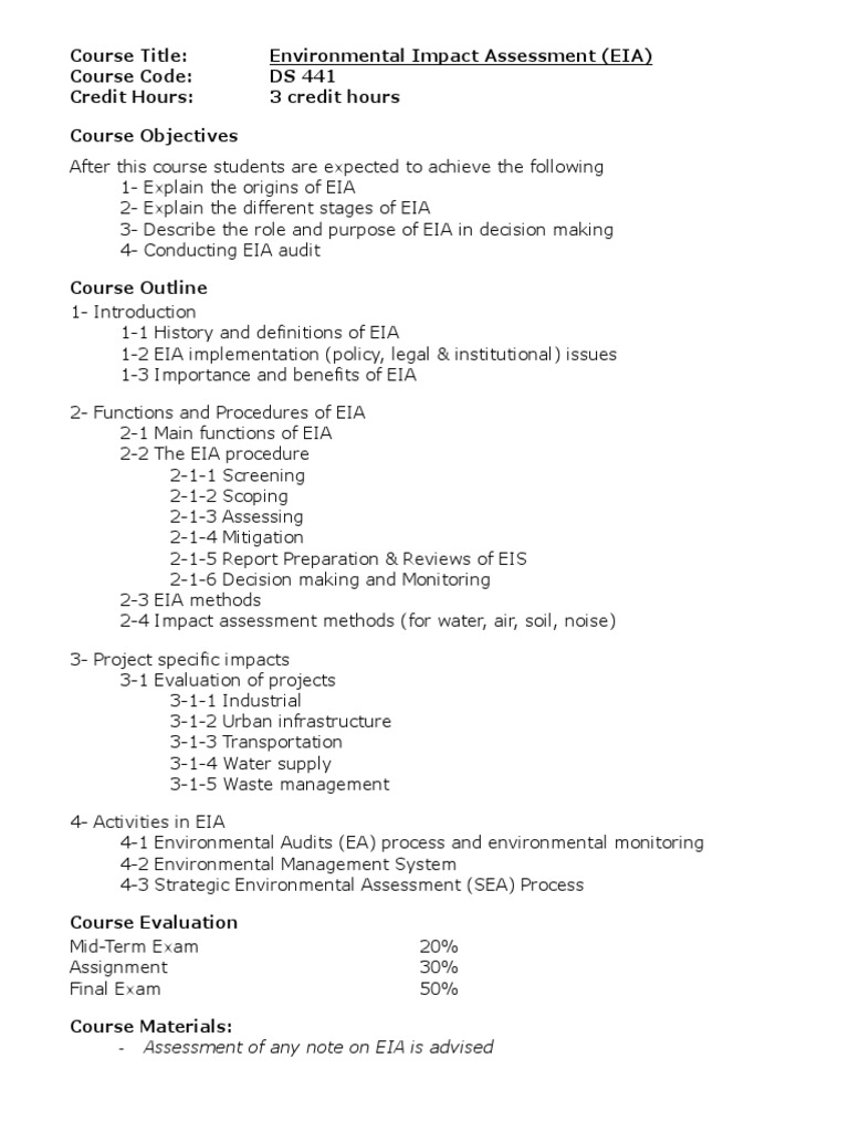 Course Title: Environmental Impact Assessment (EIA) Course Code: DS 441 ...