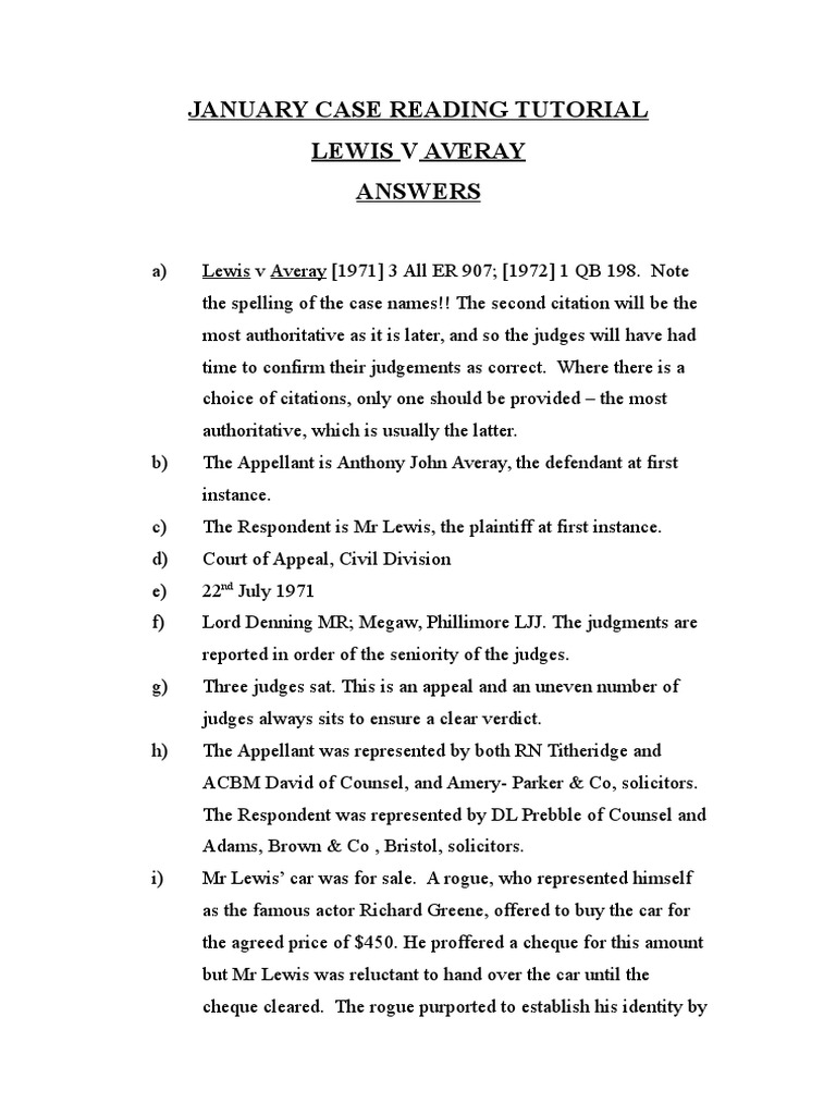 January Case Reading Tutorial Lewis V Averay Answers | PDF | Precedent ...