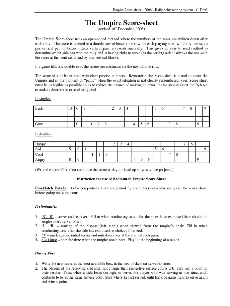 Umpire Score-Sheet - 2006 - Rally Point Scoring System - 1 Draft | PDF ...