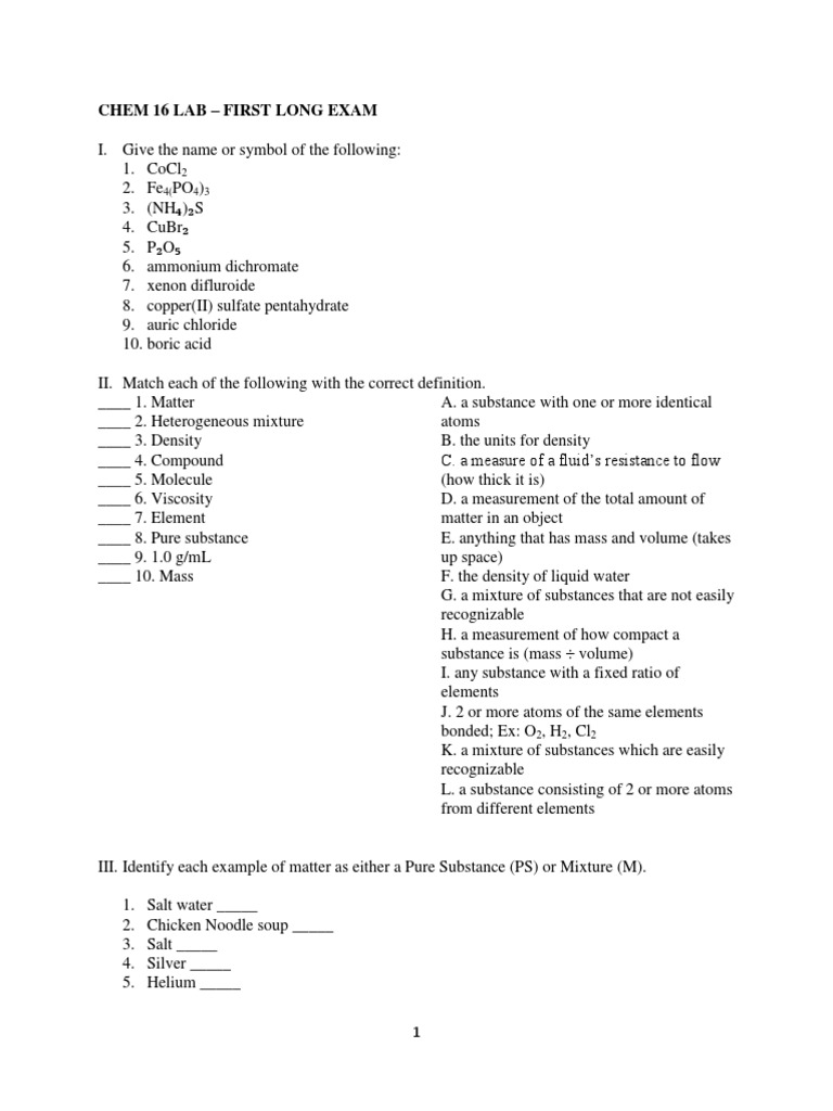 CHEM 16 LAB EXAM REVIEW | PDF | Chemical Reactions | Chemical Elements
