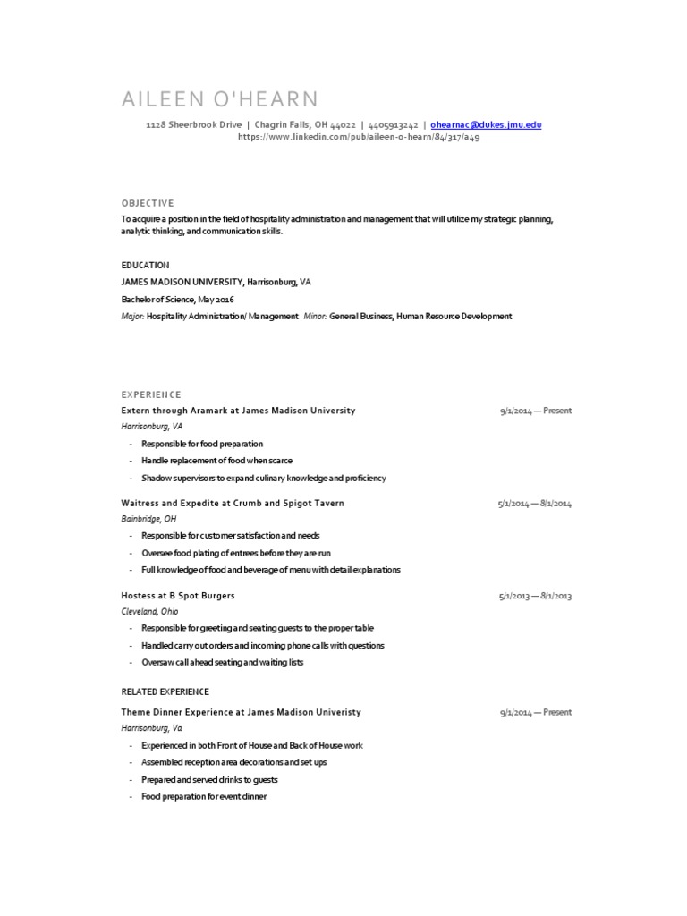 Aileen O'Hearn: Hospitality Resume | PDF | Career & Growth