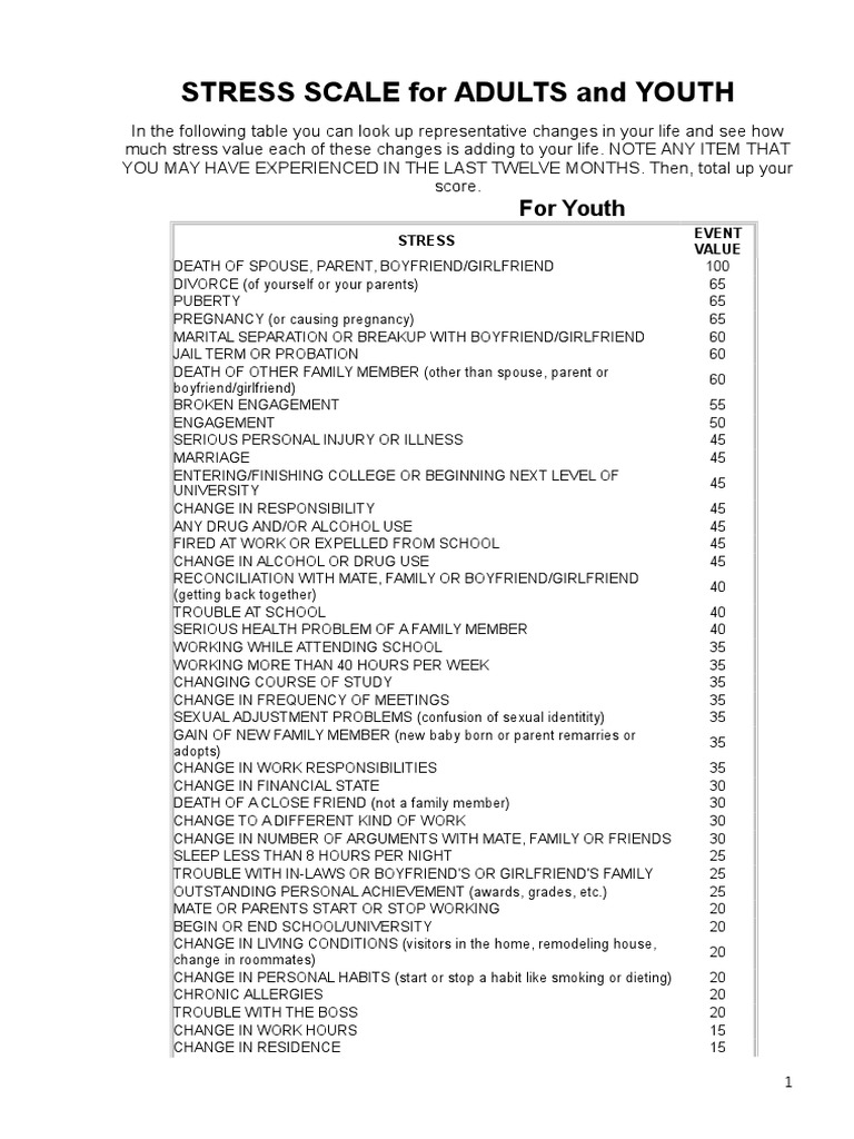 Stress Scale For Adults and Youth | PDF | Stress (Biology) | Marriage
