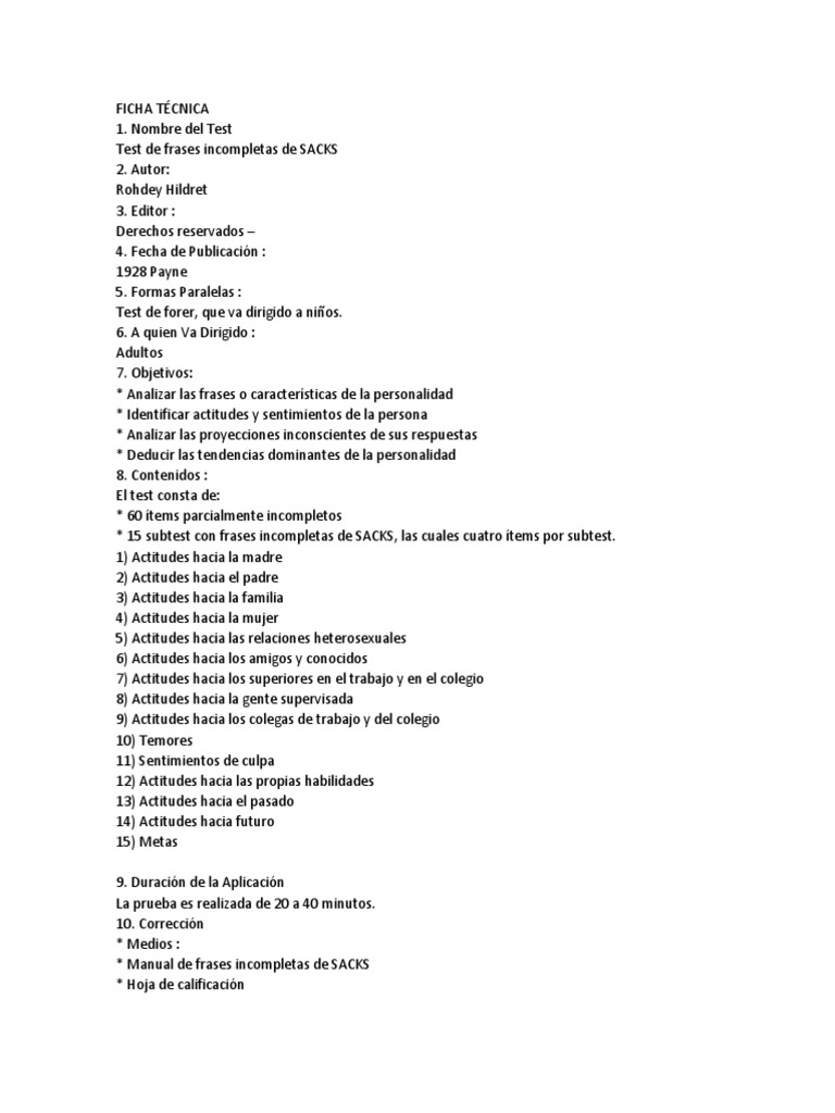 Ficha Técnica-Test de frases incompletas de SACKS | Sicología y ciencia ...