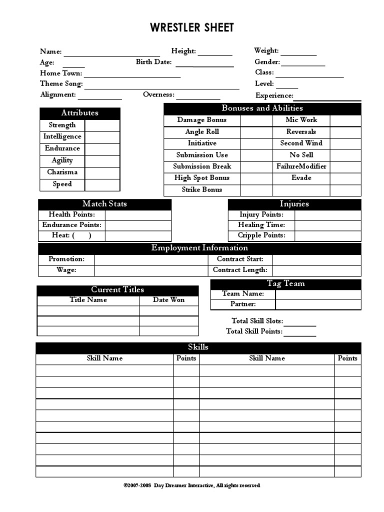 Wrestler Sheet: Attributes Bonuses and Abilities | PDF