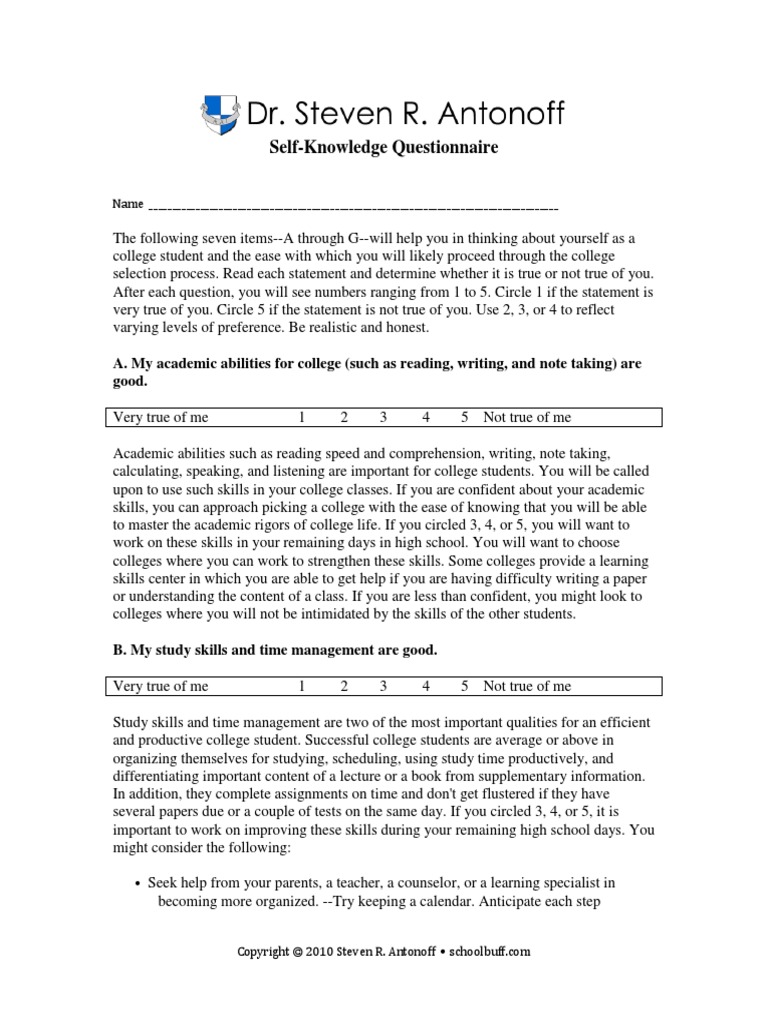 Self-Knowledge Questionnaire PRINT | PDF | Study Skills | Motivation