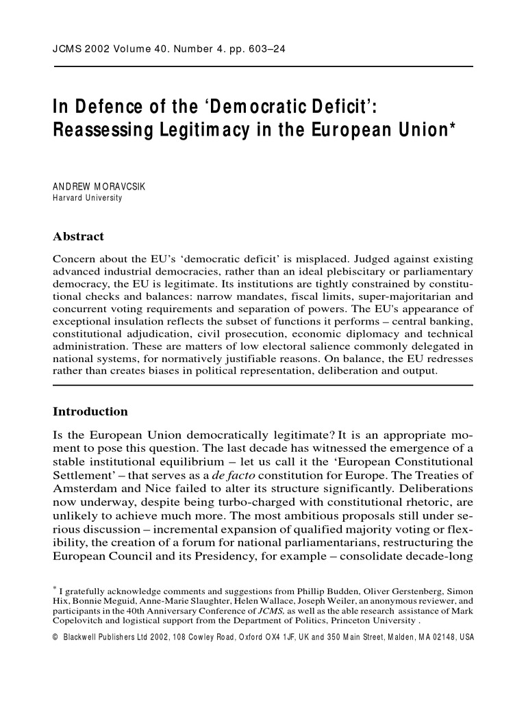 In Defence of The Democratic Deficit': Reassessing Legitimacy in The ...